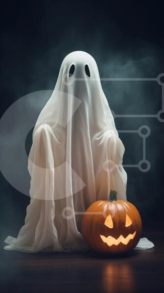 Spooky Halloween Ghost with Orange Pumpkin stock photo | Creative Fabrica