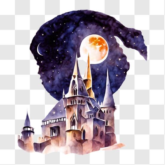 Download Watercolor Painting of Old Castle with Moon and Stars PNGs ...