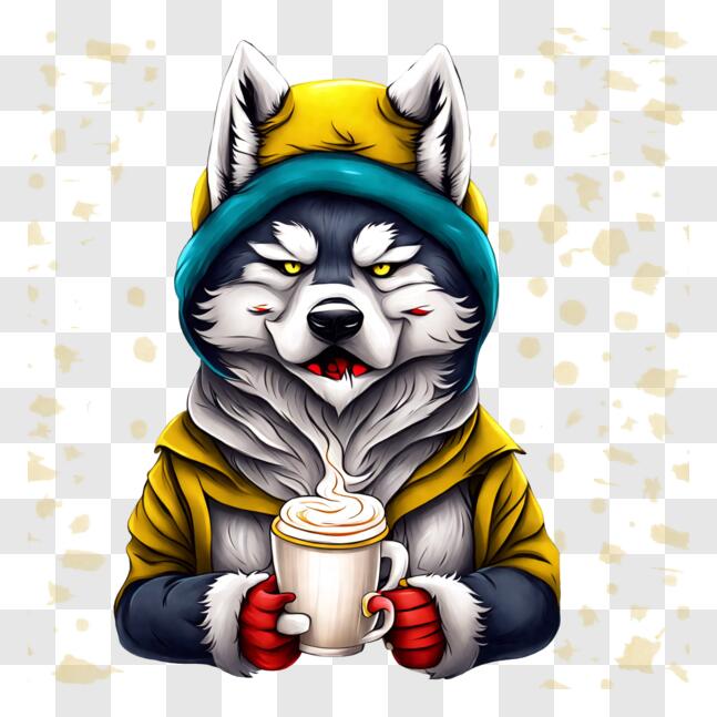 Download Colorful Stylized Husky Dog Holding Coffee PNGs Online ...