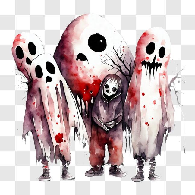 Download Group of Ghosts in White Hooded Robes with Blood-Stained Faces ...