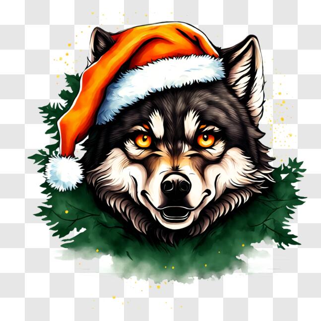 Download Christmas-themed Drawing of Wolf with Santa Claus Head PNG ...