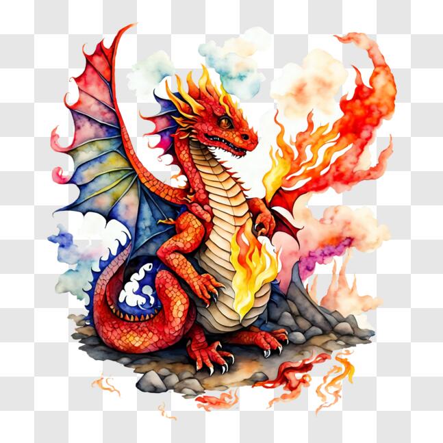 Download Red and Orange Dragon on Rocks with Flames PNGs Online ...