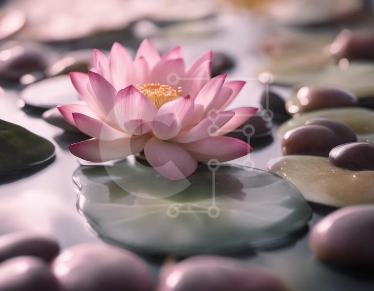 Beautiful Pink Lotus Flower Floating on Pebbles and Stones stock photo ...