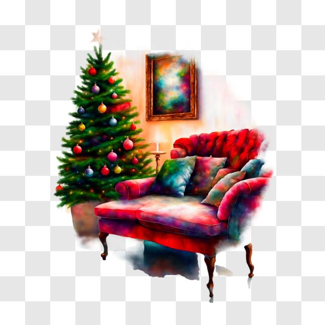 Download Red Couch in Front of Ornamented Christmas Tree PNGs Online ...
