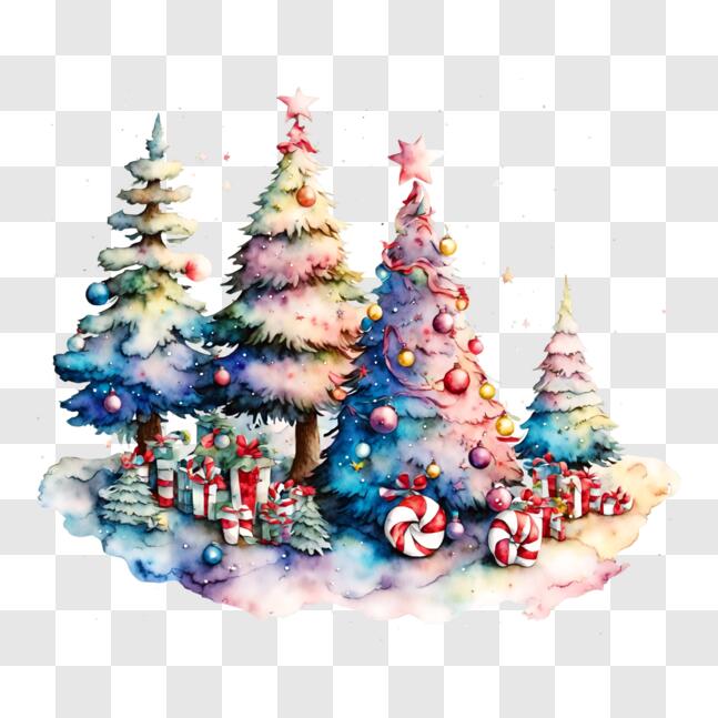 Download Christmas Trees and Presents in Snowy Landscape - Watercolor ...