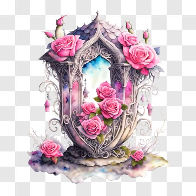 Download Decorative Ornate Structure with Pink Roses Painting PNG ...
