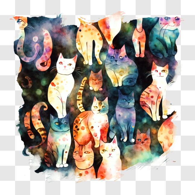 Download Watercolor painting of cats in various colors and patterns ...