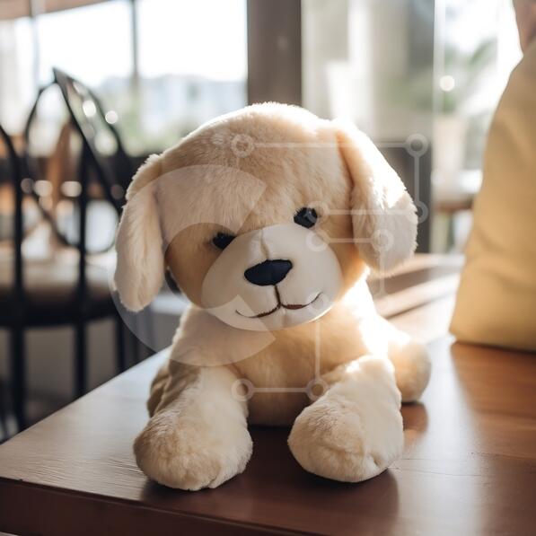 Happy and Playful Stuffed Dog on a Wooden Table stock photo | Creative ...
