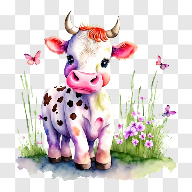 Descarga Pequeña Vaca Rosa en un Campo con Mariposas y Flores PNGs En ...