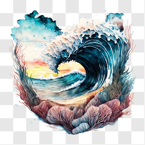 Download Ocean Wave Heart Watercolor Painting with Colorful Corals and ...
