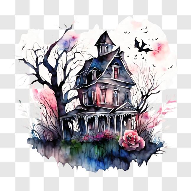 Download Haunted House Watercolor Painting with Bats PNGs Online ...