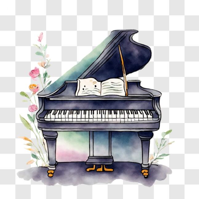 Download Black Piano with Open Book and Flowers - Artistic Illustration ...