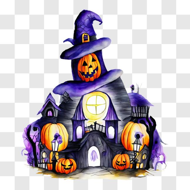 Download Spooky Haunted House with Pumpkins and Witches' Hats PNGs ...