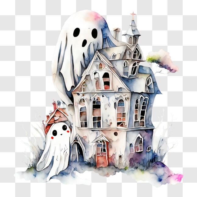 Download Watercolor Halloween Scene with Ghosts and Haunted House PNGs ...
