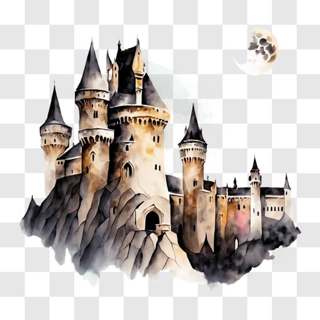 Download Watercolor Castle Illustration with Moon PNGs Online ...