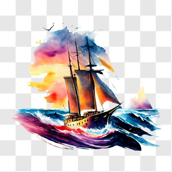 Download Pirate Ship Sailing in the Ocean with Colorful Waves PNGs ...