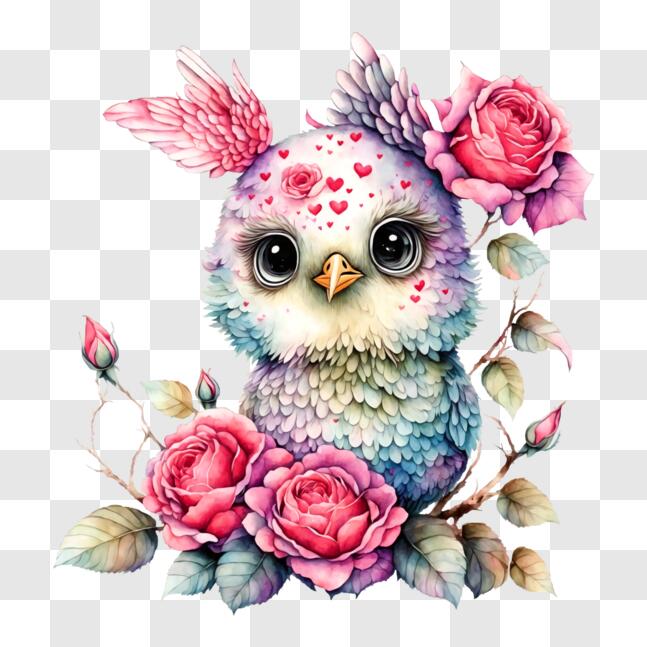 Download Colorful Owl on Pink Roses PNGs Online - Creative Fabrica