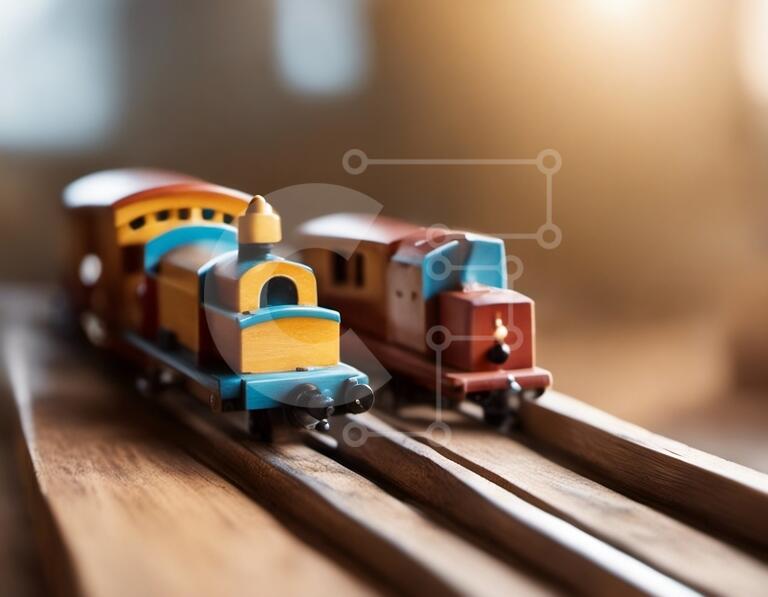 Colorful Toy Trains on Zigzag Wooden Track stock photo | Creative Fabrica