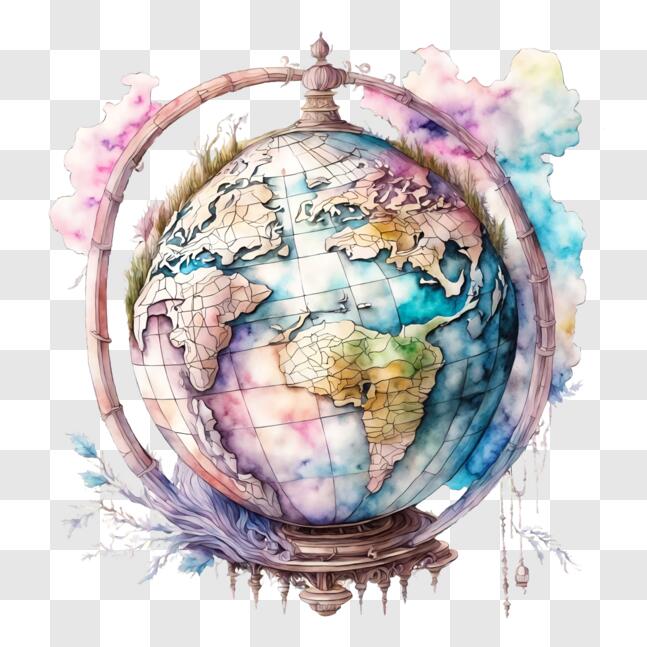 Download Watercolor Painting of the Globe with Feathers and Decorative ...