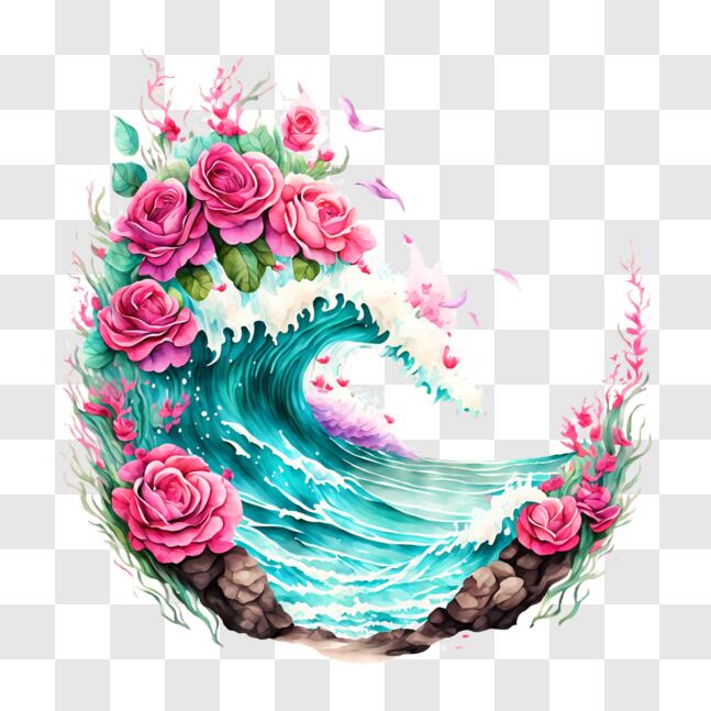 Download Ocean Wave Painting with Pink Roses and Rocks PNGs Online ...