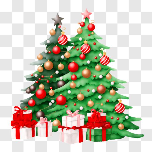 Download Green Christmas Trees with Presents and Ornaments PNGs Online ...