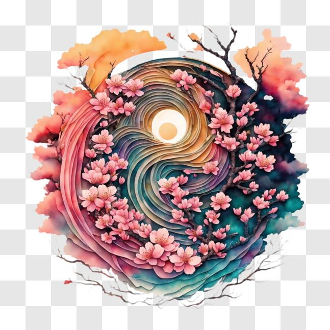 Download Pink Blossoming Tree in Yin Symbol Shape with Waves and ...
