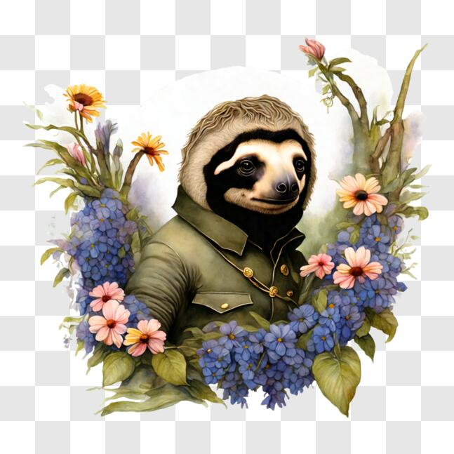 Download Playful Sloth with Flowers and Military-Style Clothing PNGs ...