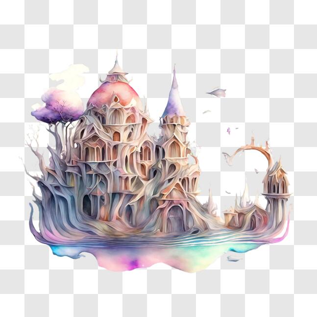 Download Fantasy Castle Floating in Water with Trees and Flowers PNGs ...