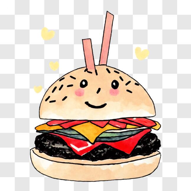 Download Cartoon Burger with Heart Sticks surrounded by Colorful Hearts ...