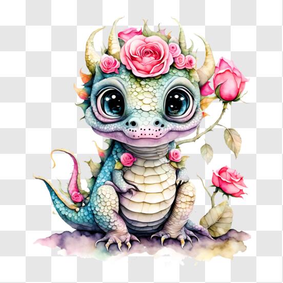 Download Small Blue and Pink Dragon on Roses PNGs Online - Creative Fabrica