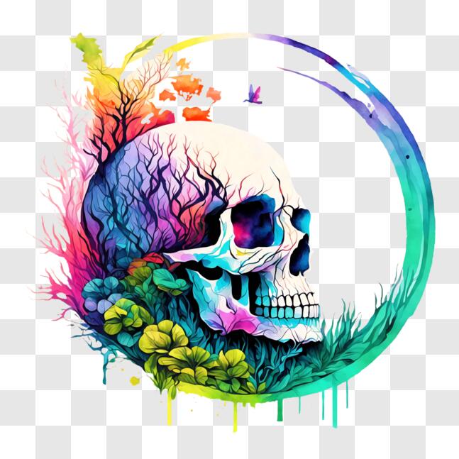 Download Colorful Skull Art with Psychedelic Paint Splatters PNG Online ...