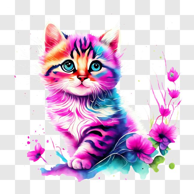 Bunte Katze mit blauen Augen und rosa Blumen PNGs online herunterladen ...