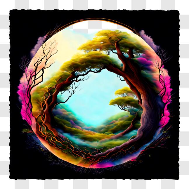 Download Colorful Surreal Landscape with Trees and Mountain Range PNGs ...