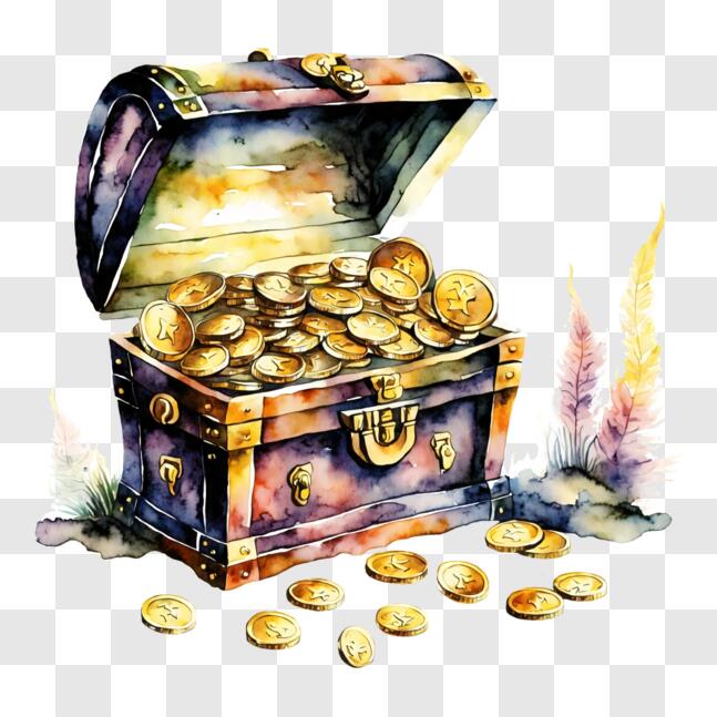 Download Watercolor Painting of a Treasure Chest Filled with Gold Coins ...