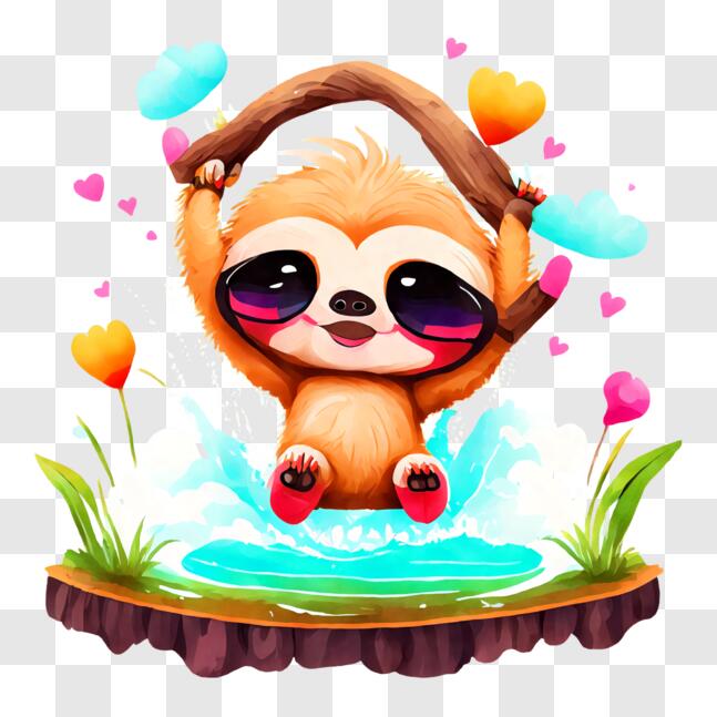 Download Cute Sloth in Water with Sunglasses and Heart-shaped Stickers ...