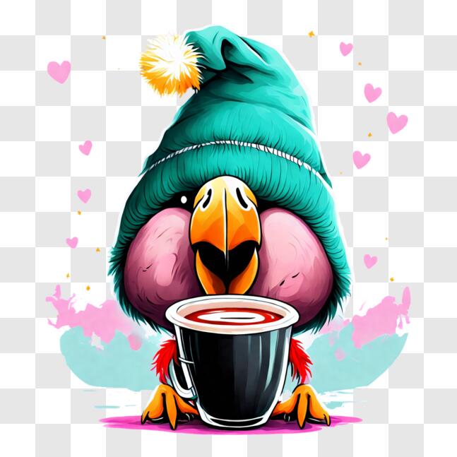 Download Pink Parrot Wearing Animal-Inspired Hat Drinking Coffee with ...
