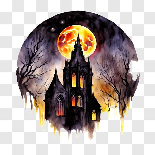 Download Haunted Castle Painting with Full Moon PNGs Online - Creative ...