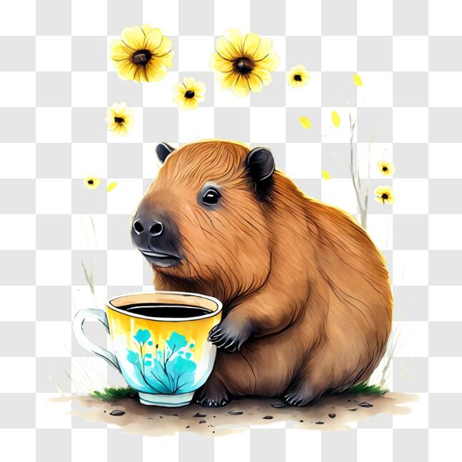 Download Capybara enjoying coffee in the grass with flowers PNGs Online ...