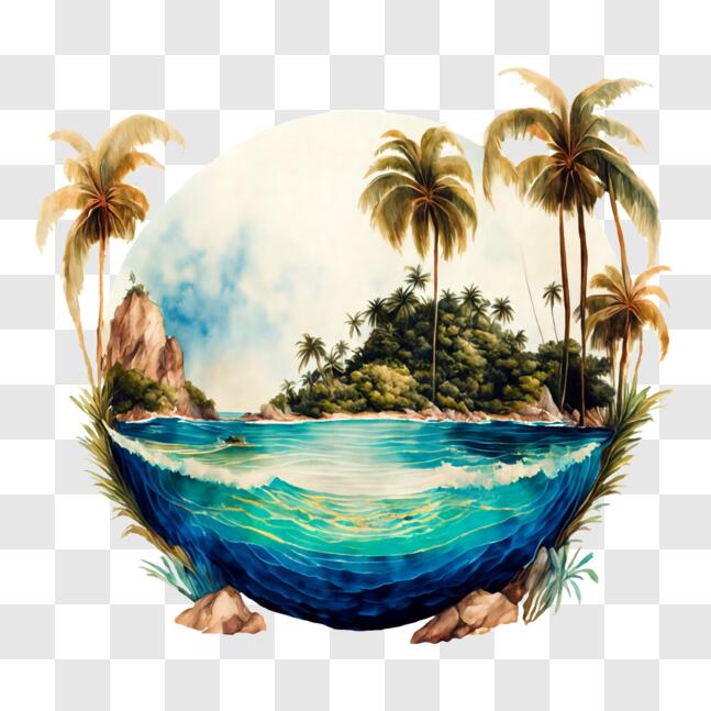 Download Island Painting with Palm Trees and Ocean Waves PNGs Online ...