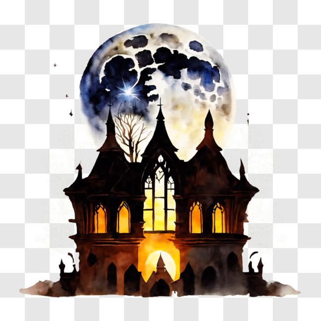 Download Illustration of a Haunted House with Full Moon and Spooky ...