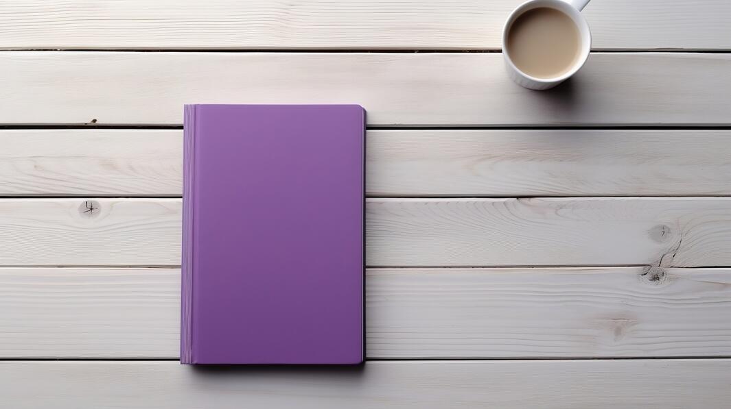 Download Purple Notebook and Mug on White Wooden Table Mockups Online ...