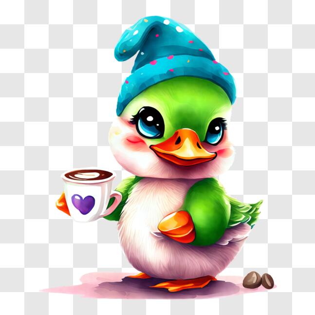 Download Happy Duckie Day - Cartoon Duck with Iced Coffee Cup PNGs ...