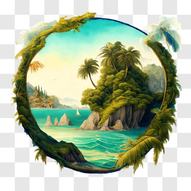 Download Tropical Island Painting with Palm Trees and Boats PNGs Online ...