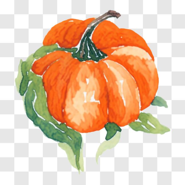 Download Watercolor Painting of Orange Pumpkin with Green Leaves PNGs ...