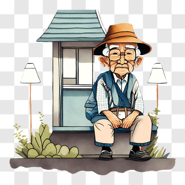 Download Cartoon Illustration of Elderly Man Sitting on Front Porch ...