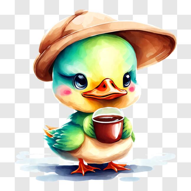 Descarga Pato de dibujos animados tomando café con sombrero grande PNGs ...