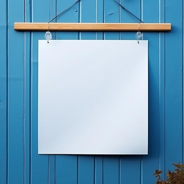 Download White Poster Mockup on Blue Wall with Wooden Hangers Mockups ...