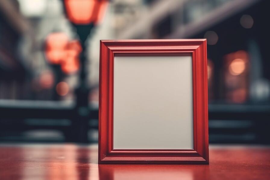 Download Empty Red Picture Frame on Wooden Table in the City Mockups ...