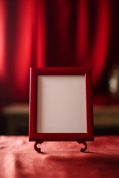 Download Empty Red Picture Frame on Tabletop with Red Curtain Mockups ...