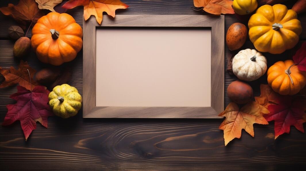Download Fall-themed Wooden Frame with Pumpkins and Leaves Mockups ...